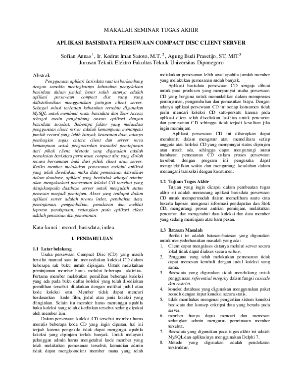 (PDF) MAKALAH SEMINAR TUGAS AKHIR APLIKASI BASISDATA PERSEWAAN COMPACT DISC CLIENT SERVER