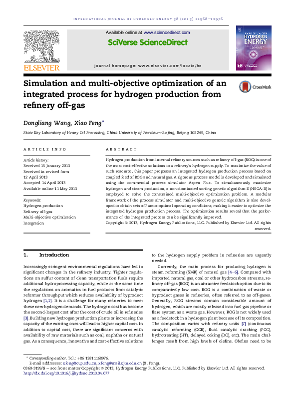 Pdf Simulation And Multi Objective Optimization Of An Integrated Process For Hydrogen