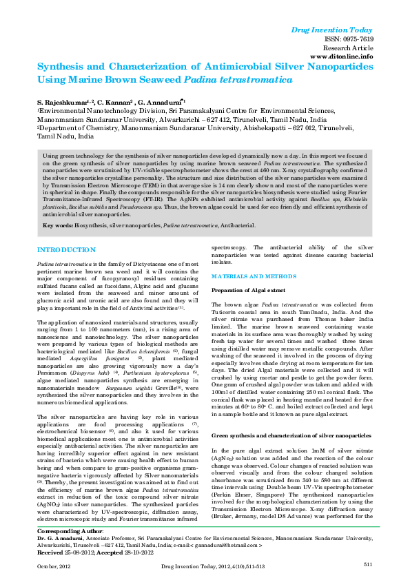 (PDF) Synthesis and Characterization of Antimicrobial Silver Nanoparticles Using Marine Brown ...