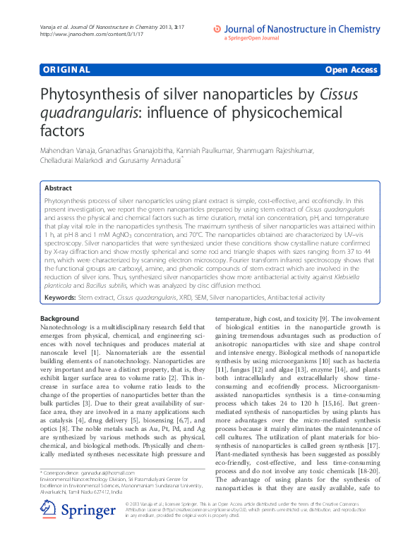 (PDF) Phytosynthesis of silver nanoparticles by Cissus quadrangularis: influence of ...