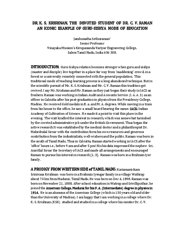 (DOC) DR. K. S. KRISHNAN, THE DEVOTED STUDENT OF DR. C. V. RAMAN