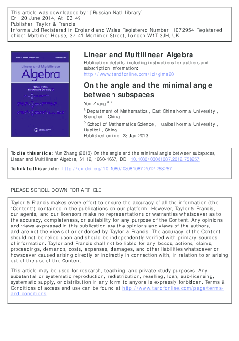 (PDF) Reshetov LA On the angle and the minimal angle between subspaces