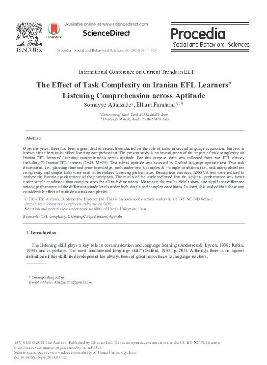 (PDF) The effect of task complexity on Iranian EFL learners' listening comprehension across aptitude