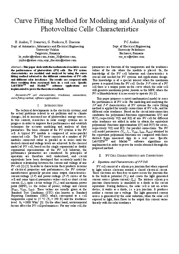 (PDF) Curve Fitting Method for Modeling and Analysis of Photovoltaic ...