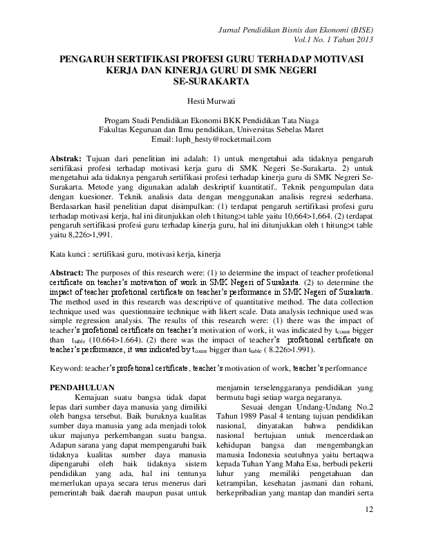 (PDF) PENGARUH SERTIFIKASI PROFESI GURU TERHADAP MOTIVASI KERJA DAN KINERJA GURU DI SMK NEGERI ...