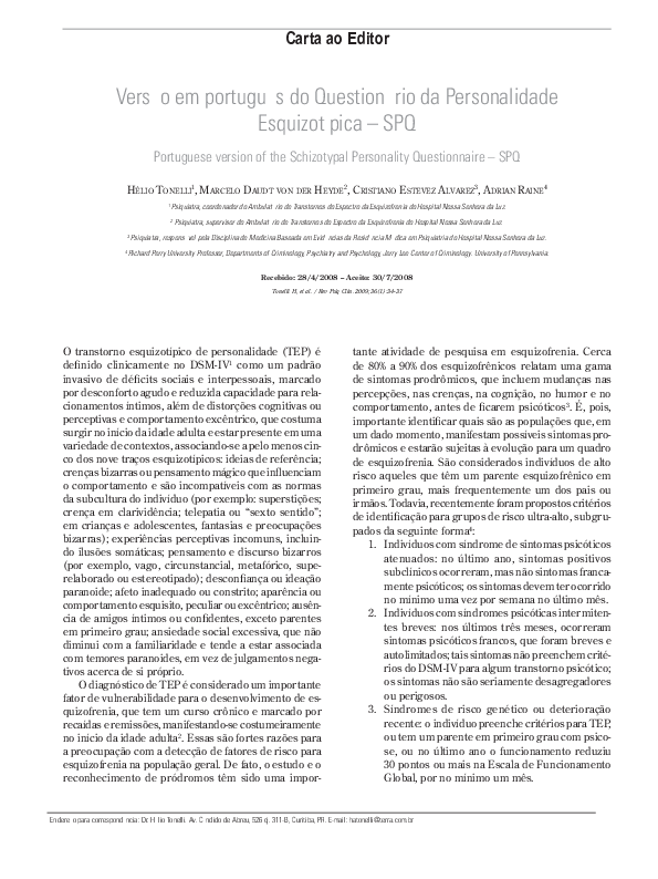 (PDF) Portuguese version of the Schizotypal Personality Questionnaire ...