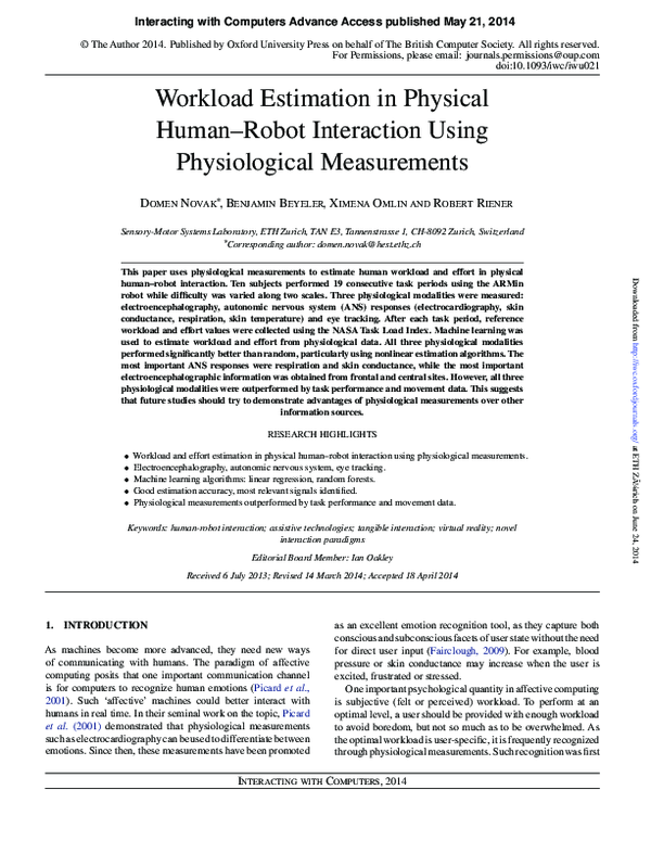 (PDF) Workload Estimation in Physical Human–Robot Interaction Using ...