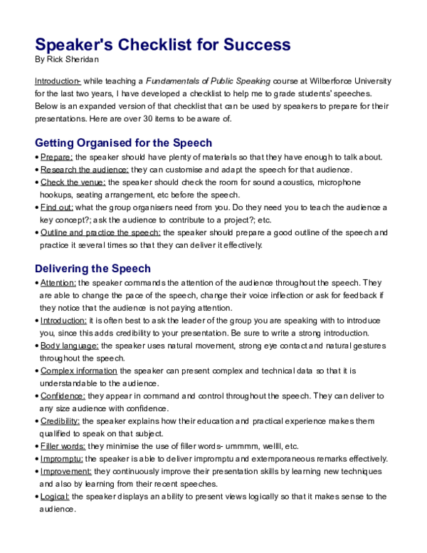 (PDF) Speaker's Checklist for Success