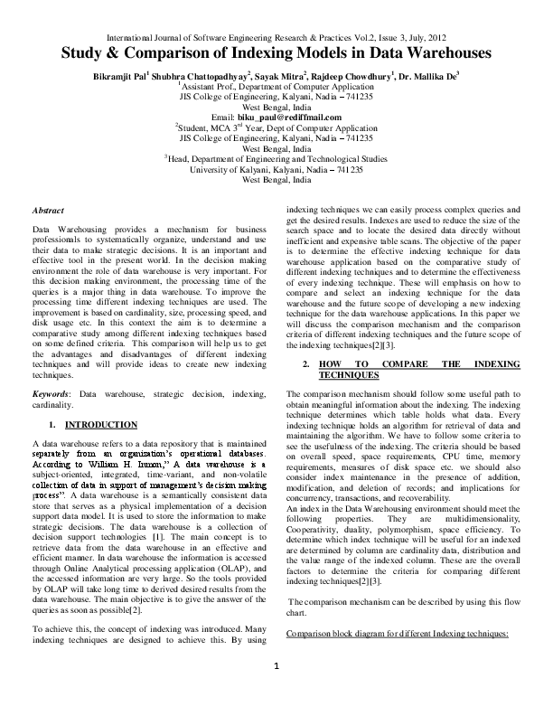 (PDF) Study & Comparison of Indexing Models in Data Warehouses