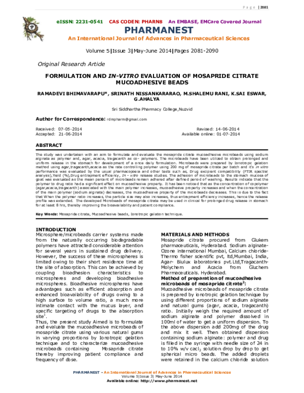 Pdf Formulation And In Vitro Evaluation Of Mosapride Citrate Mucoadhesive Beads