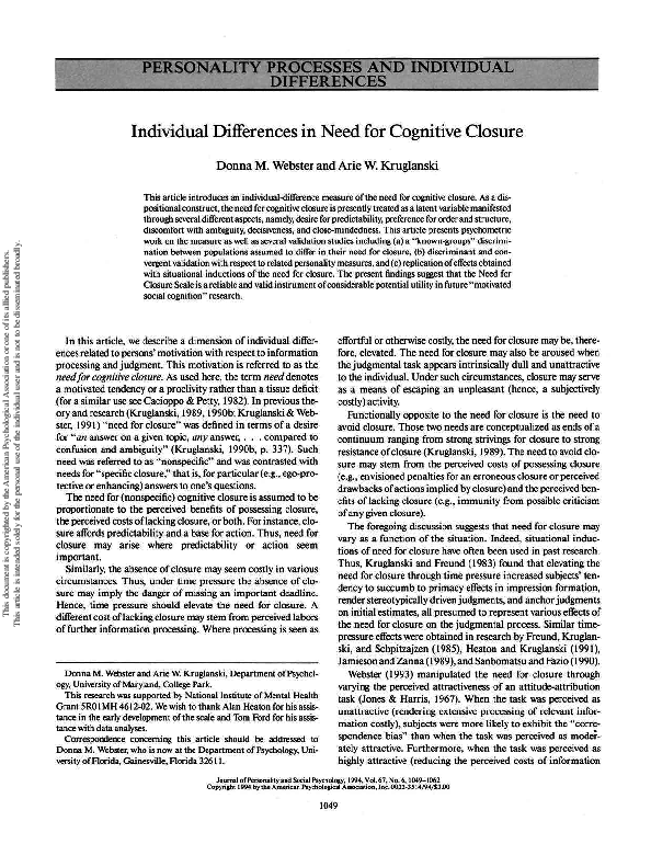 (PDF) Webster, D. M., & Kruglanski, A. W. (1994). Individual ...