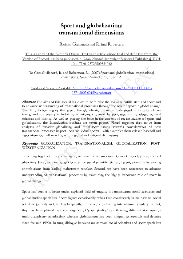 (PDF) Sport and globalization: transnational dimensions