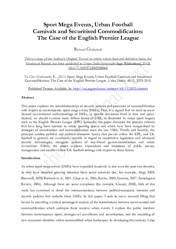 (PDF) Sport Mega Events, Urban Football Carnivals and Securitised ...