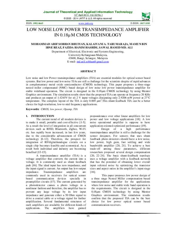 (PDF) LOW NOISE LOW POWER TRANSIMPEDANCE AMPLIFIER IN 0.18µM CMOS TECHNOLOGY