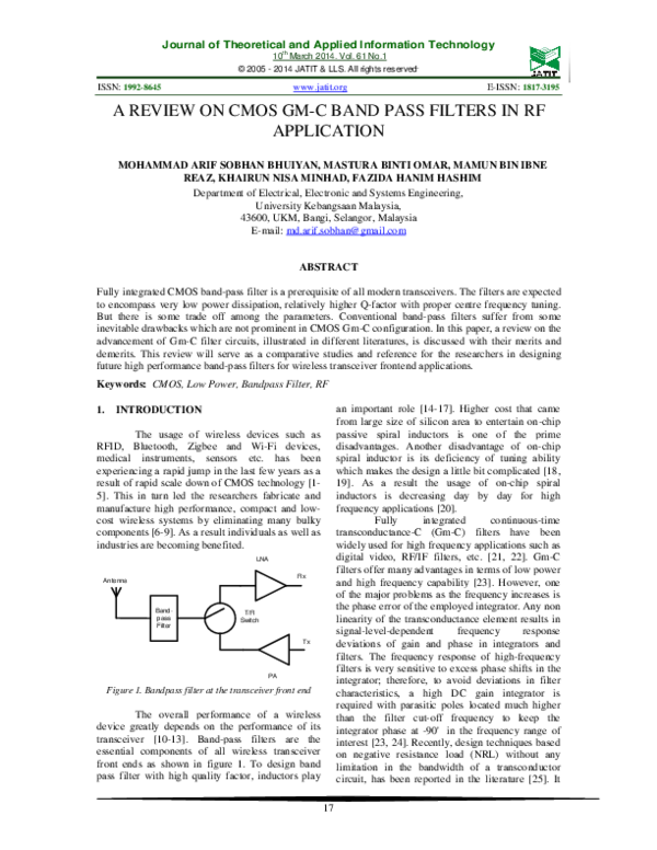 (PDF) A REVIEW ON CMOS GM-C BAND PASS FILTERS IN RF APPLICATION