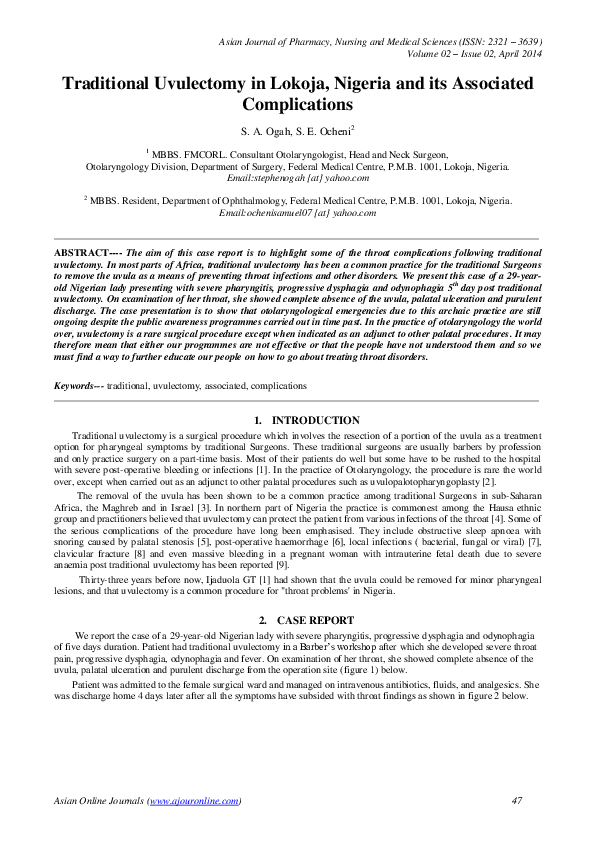 (PDF) Traditional Uvulectomy in Lokoja Nigeria