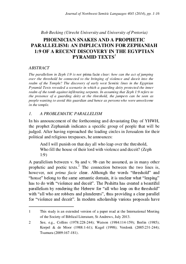 ‘Phoenician Snakes and a Prophetic Parallelism: An Implication for ...