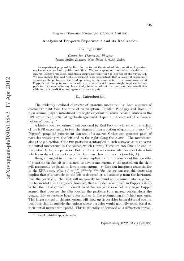 (PDF) On the Realization of Popper's Experiment