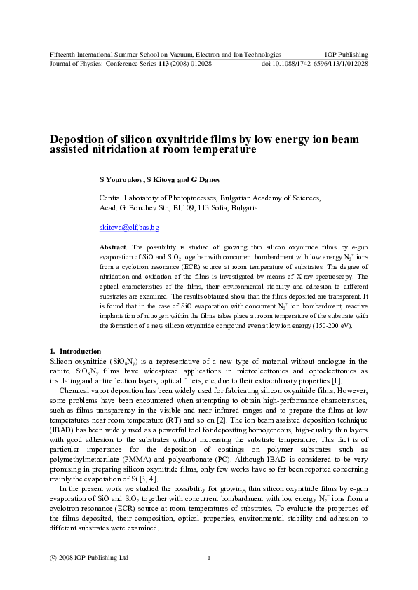 (PDF) Deposition of silicon oxynitride films by low energy ion beam assisted nitridation at room ...