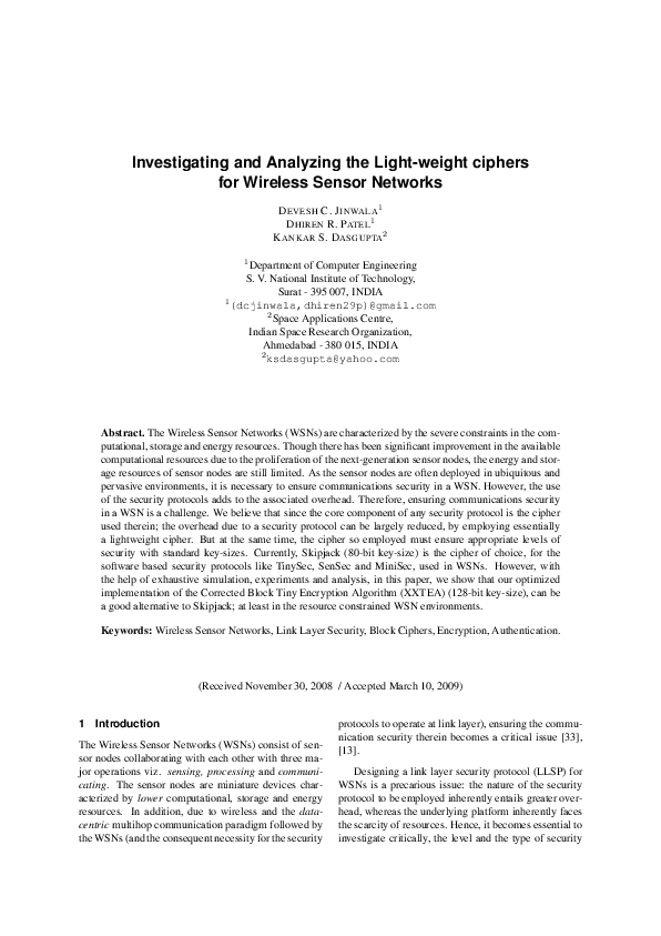 (PDF) Investigating and Analyzing the Lightweight ciphers for Wireless Sensor Networks