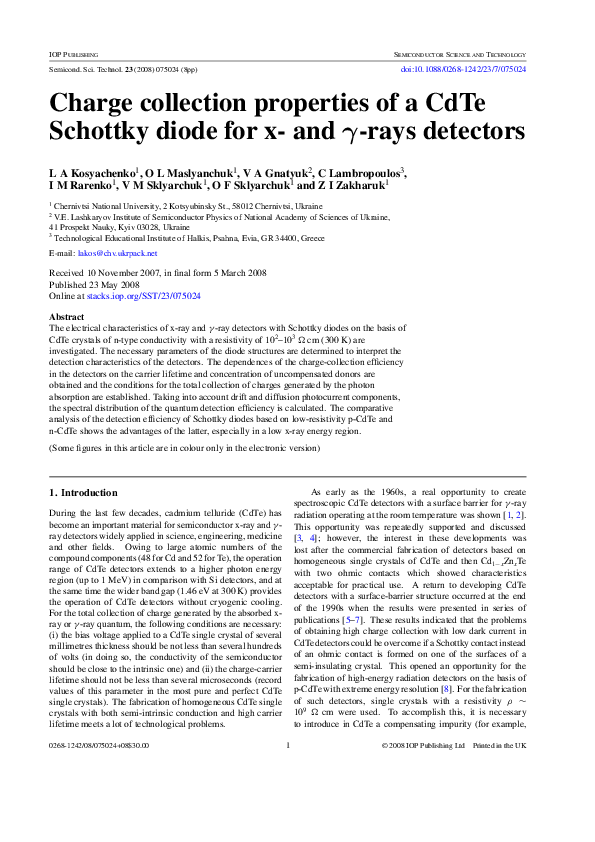 (PDF) Charge collection properties of a CdTe Schottky diode for x-and γ-rays detectors