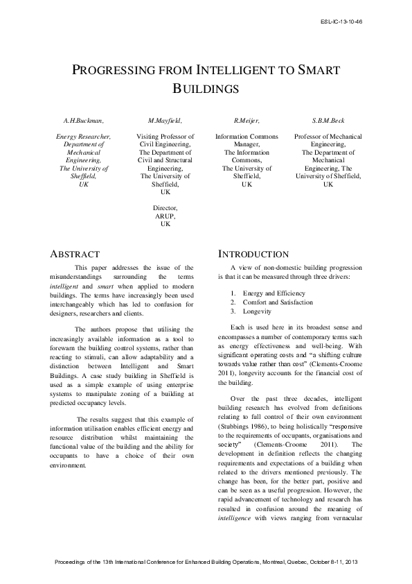 (PDF) Progressing from Intelligent to Smart Buildings