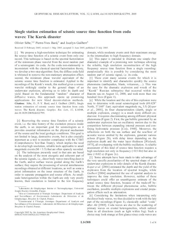 Pdf Single Station Estimation Of Seismic Source Time Function From Coda Waves The Kursk Disaster