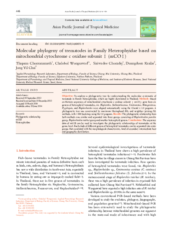 (PDF) Molecular phylogeny of trematodes in Family Heterophyidae based ...
