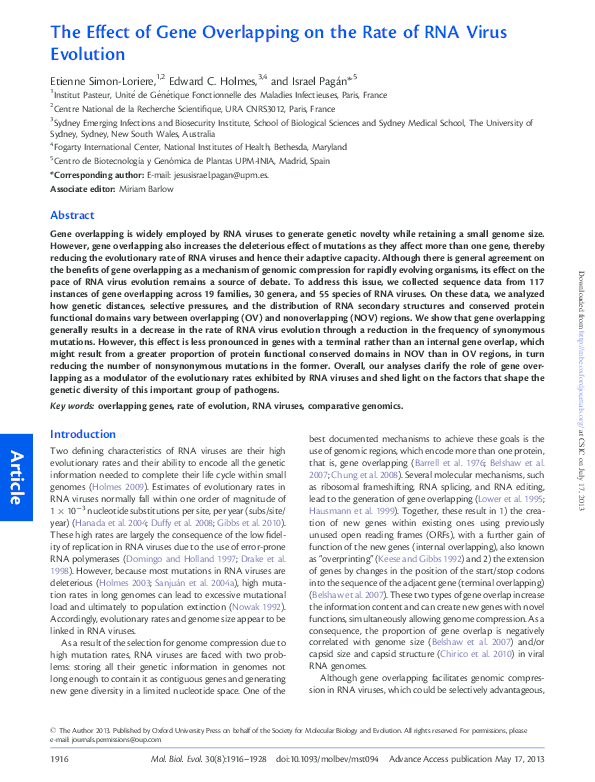 (PDF) The Effect of Gene Overlapping on the Rate of RNA Virus Evolution
