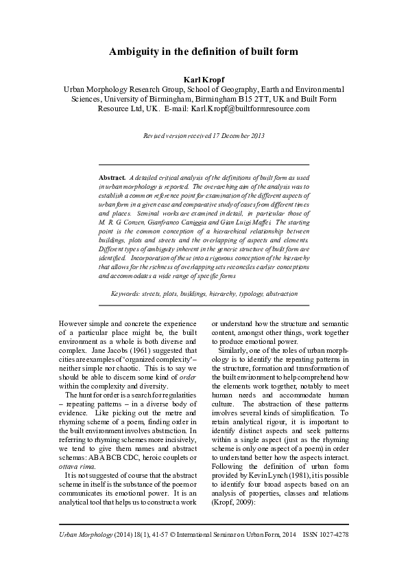 (PDF) Ambiguity in the definition of built form_Kropf_UM 2014-01 41-57