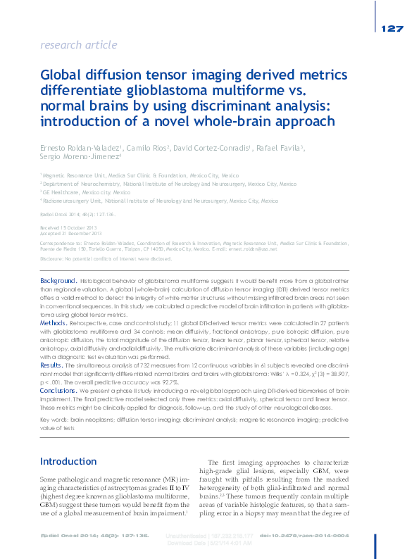(PDF) Global diffusion tensor imaging derived metrics differentiate glioblastoma multiforme vs ...