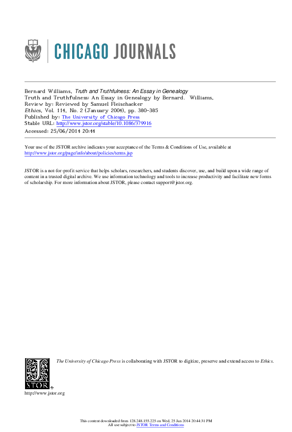 (PDF) Bernard Williams, Truth and Truthfulness: An Essay in Genealogy