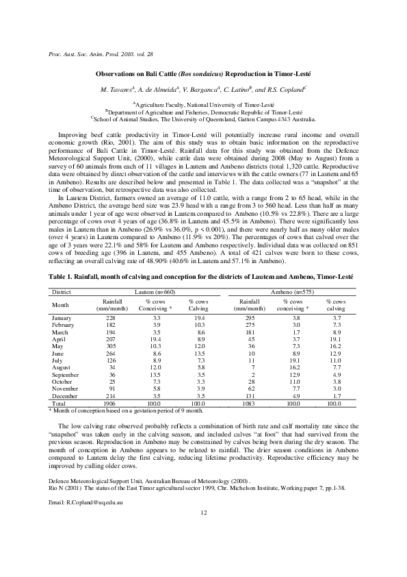 (PDF) Observation on Bali Cattle Reproduction in Timor Leste