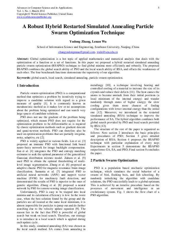 Pdf Hybrid Restarted Simulated Annealing Particle Swarm Optimization 