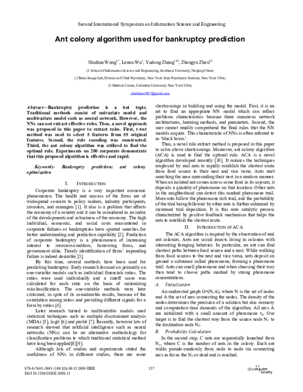 (PDF) Ant Colony Algorithm Used for Bankruptcy Prediction