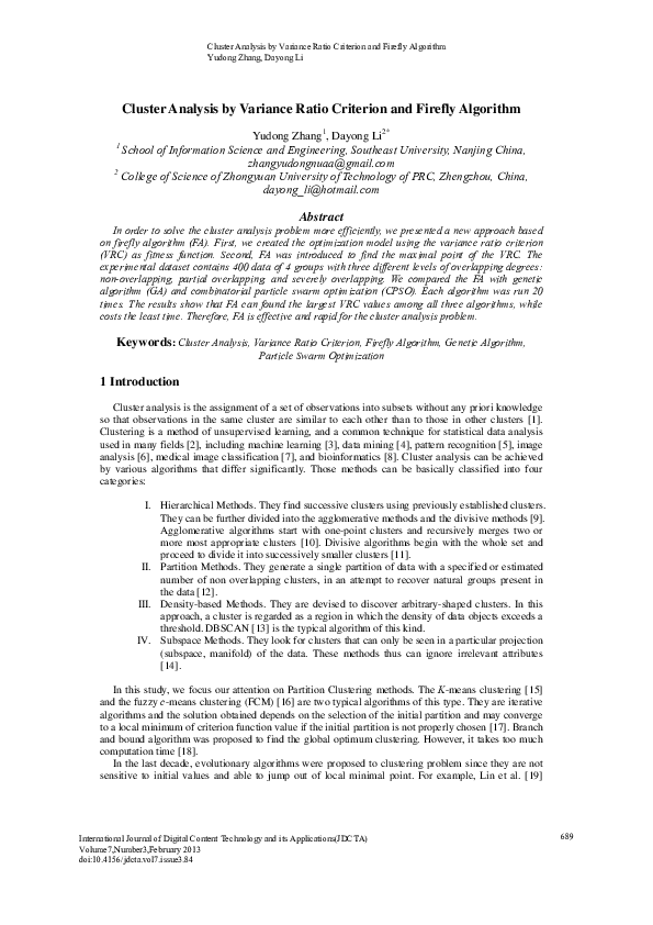 (PDF) Cluster Analysis by Variance Ratio Criterion and Firefly Algorithm