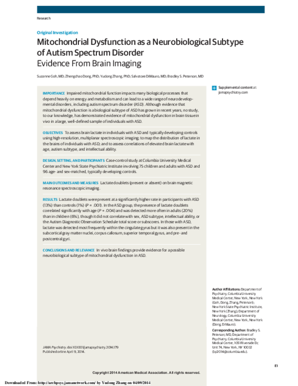 (PDF) Mitochondrial Dysfunction as a Neurobiological Subtype of Autism ...