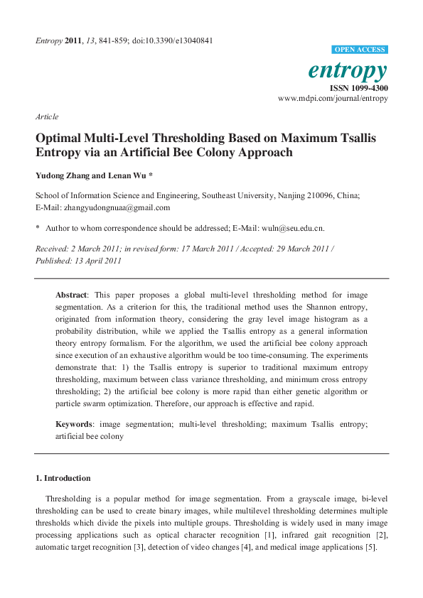 Pdf Optimal Multi Level Thresholding Based On Maximum Tsallis