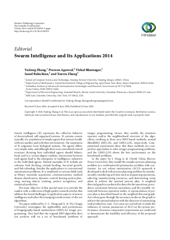 (PDF) Swarm Intelligence and Its Applications 2014