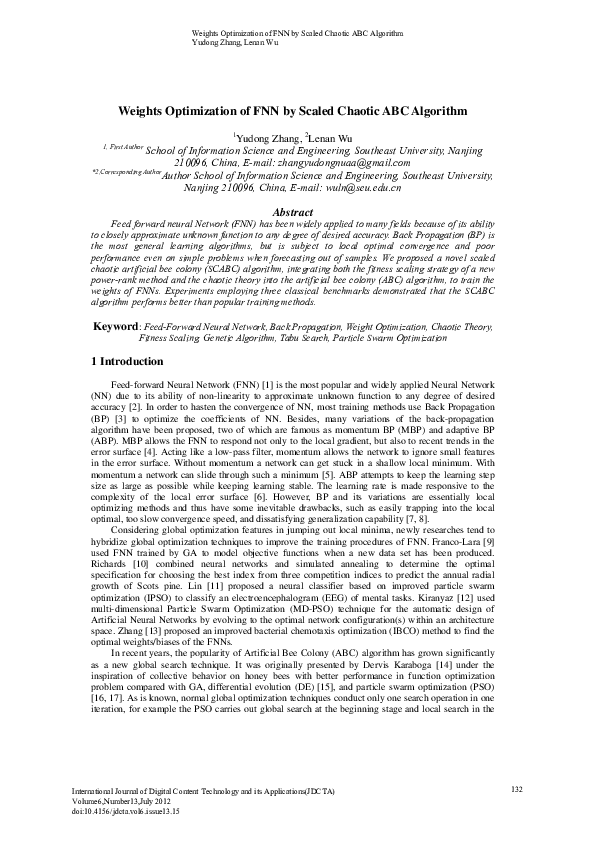 (PDF) Weights Optimization of FNN by Scaled Chaotic ABC Algorithm