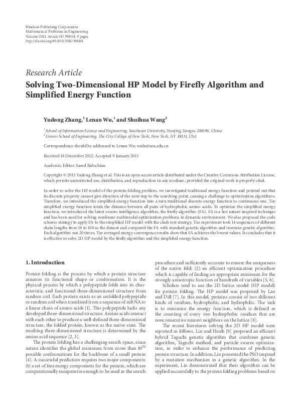 Pdf Solving Two Dimensional Hp Model By Firefly Algorithm And Simplified Energy Function 