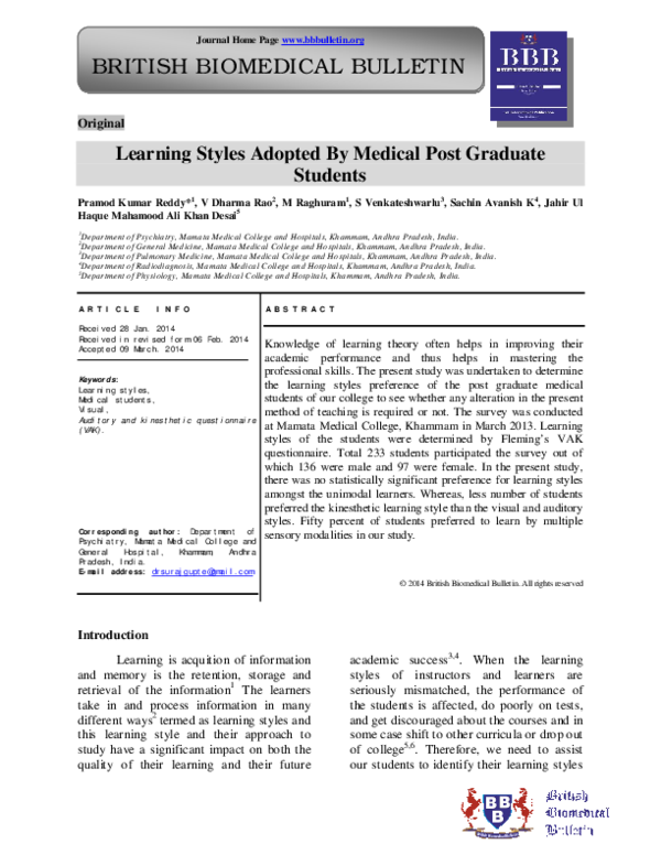 (PDF) Learning Styles Adopted By Medical Post Graduate Students