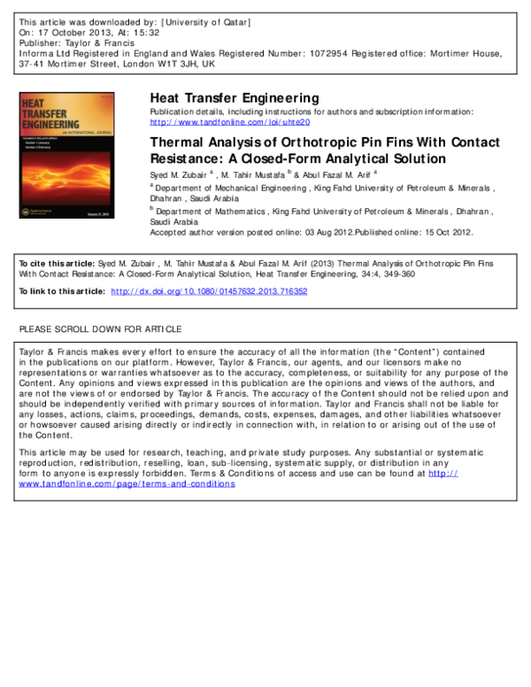 (PDF) Thermal Analysis of Orthotropic Pin Fins With Contact Resistance ...