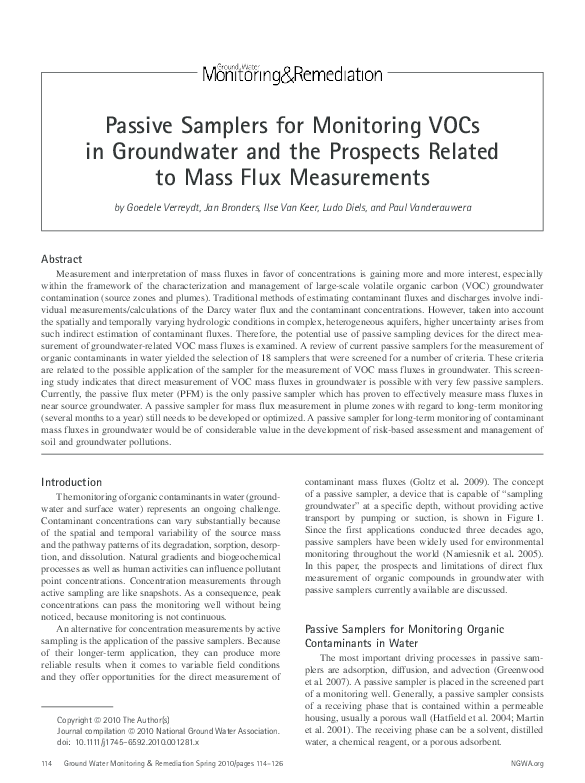 (PDF) Passive Samplers for Monitoring VOCs in Groundwater and the ...