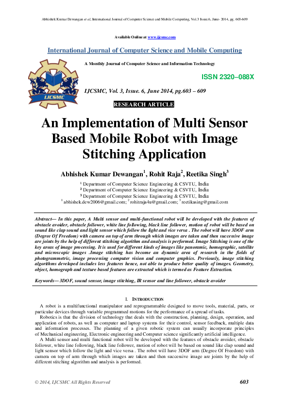 Pdf An Implementation Of Multi Sensor Based Mobile Robot With Image Stitching Application