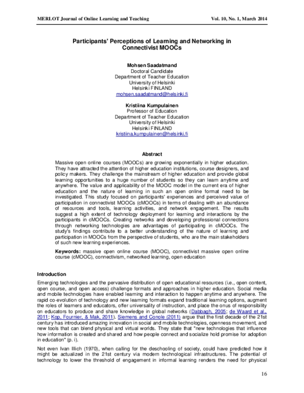 Pdf Participants Perceptions Of Learning And Networking In Connectivist Moocs