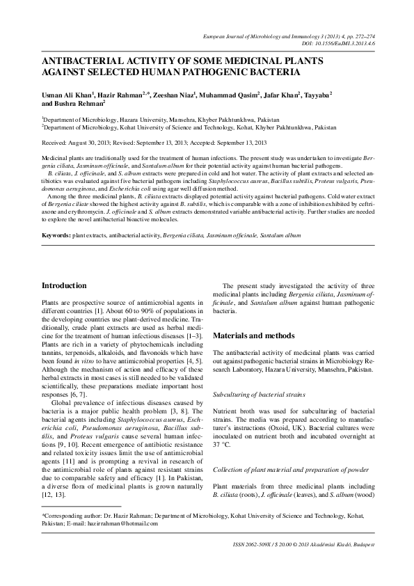 (PDF) ANTIBACTERIAL ACTIVITY OF SOME MEDICINAL PLANTS AGAINST SELECTED HUMAN PATHOGENIC BACTERIA