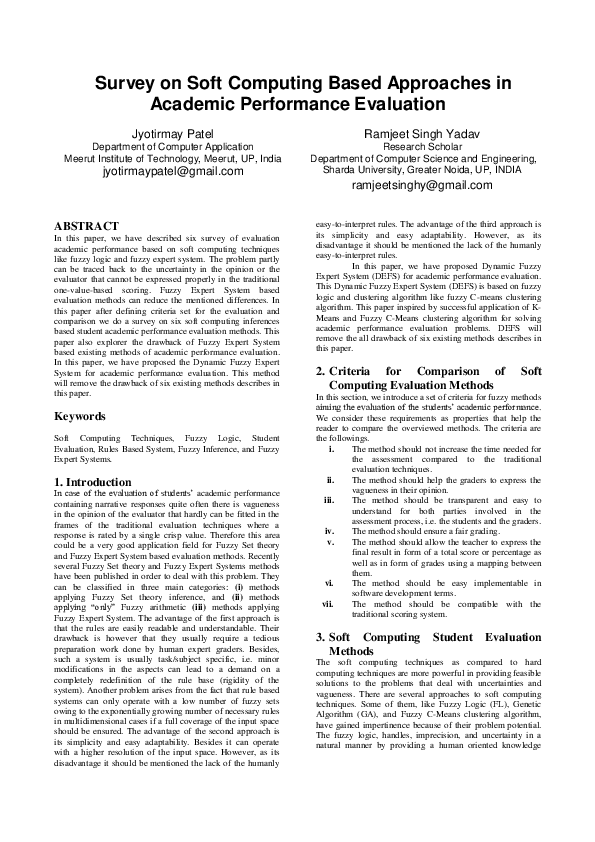 Pdf Survey On Soft Computing Based Approaches In Academic Performance Evaluation