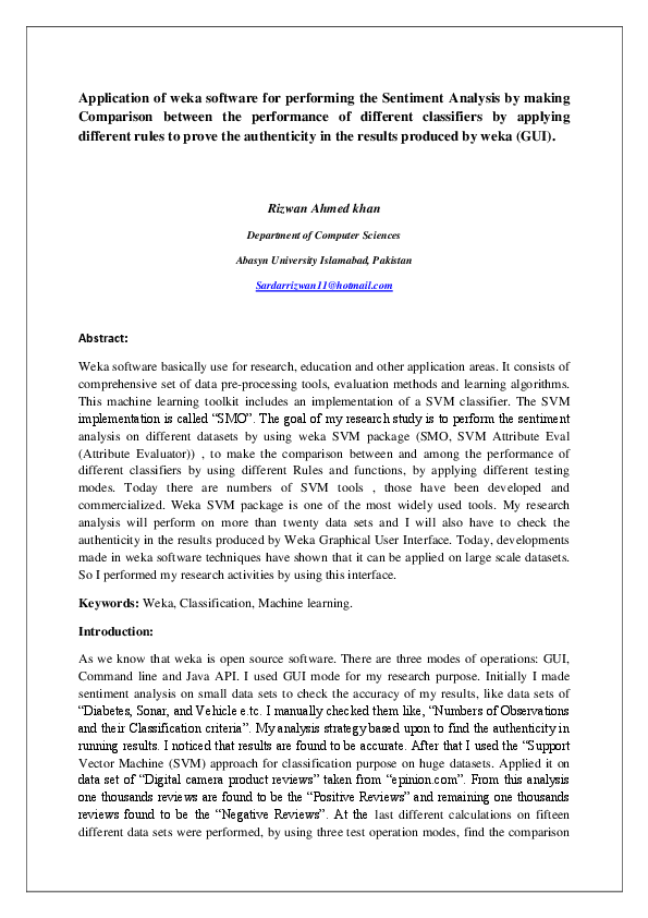 (PDF) Application of weka software for performing the Sentiment Analysis by making Comparison ...