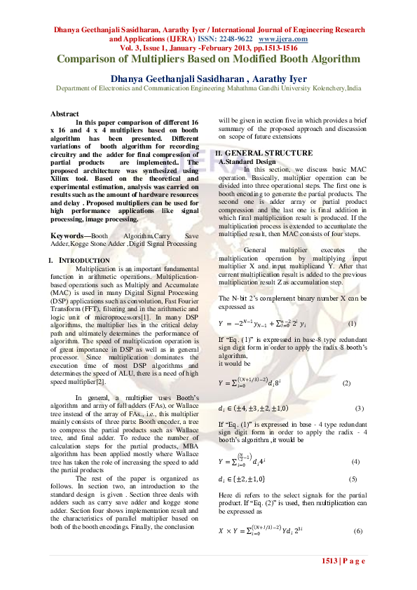 Pdf Comparison Of Multipliers Based On Modified Booth Algorithm 3719